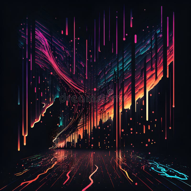 Digital Rain of Neon Lines in the Dark Digital Illustration Art Stock ...