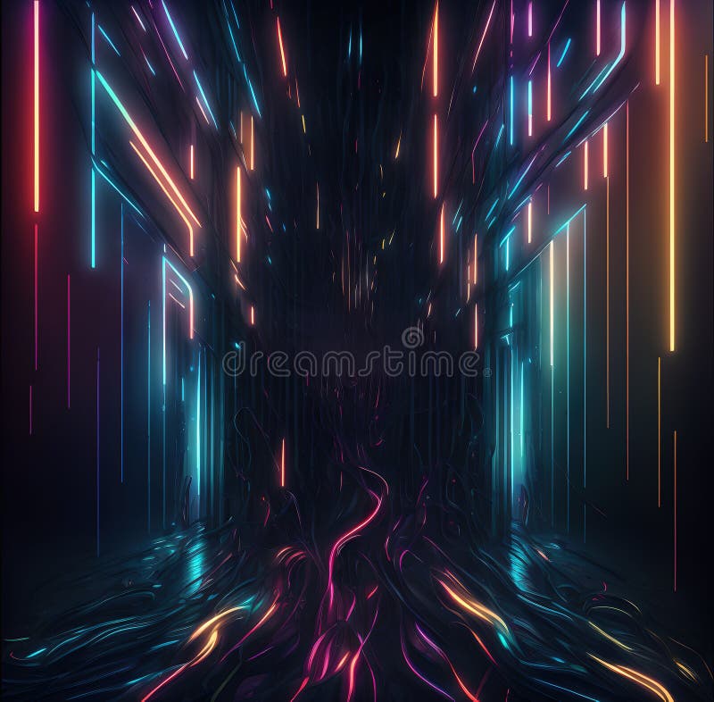 Digital Rain of Neon Lines in the Dark Digital Illustration Art Stock ...