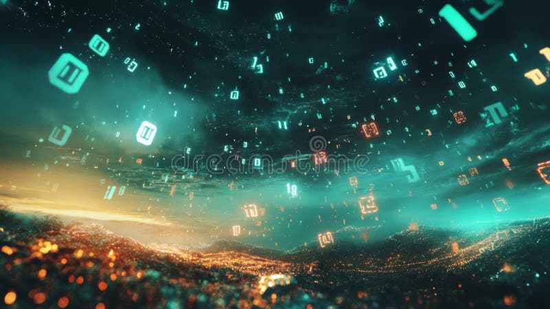 Digital Rain Over a Glowing Cityscape Stock Illustration - Illustration ...