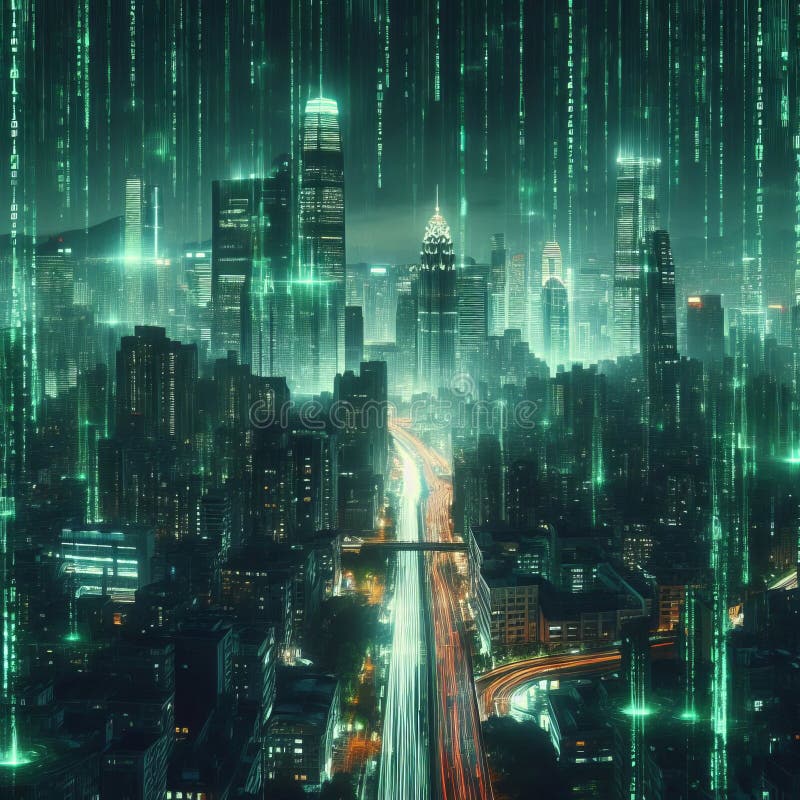 Digital Rain Overlay a Stream of Green Matrix Code Onto the City Stock ...