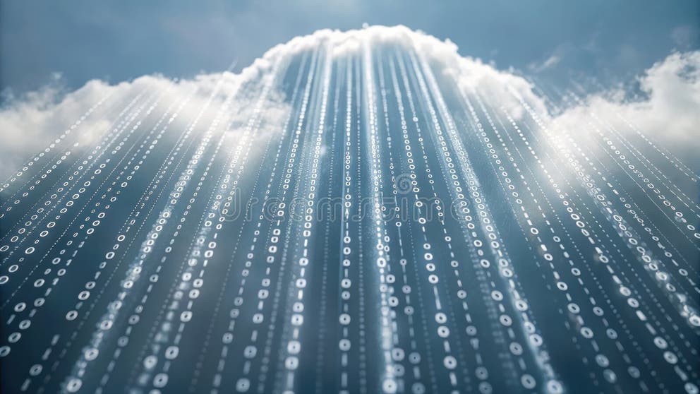 Digital Rain Streaming from Cloud with Sunlight Rays Breaking through, Representing Cloud ...