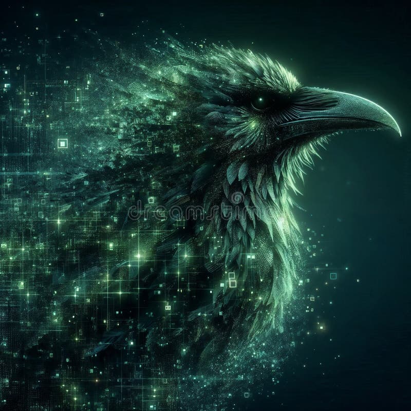 Digital Raven with Sparkling Elements Against Dark Background Stock ...