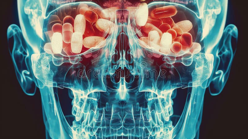 A Digital X-ray Image of a Skull Filled with Various Pills ...