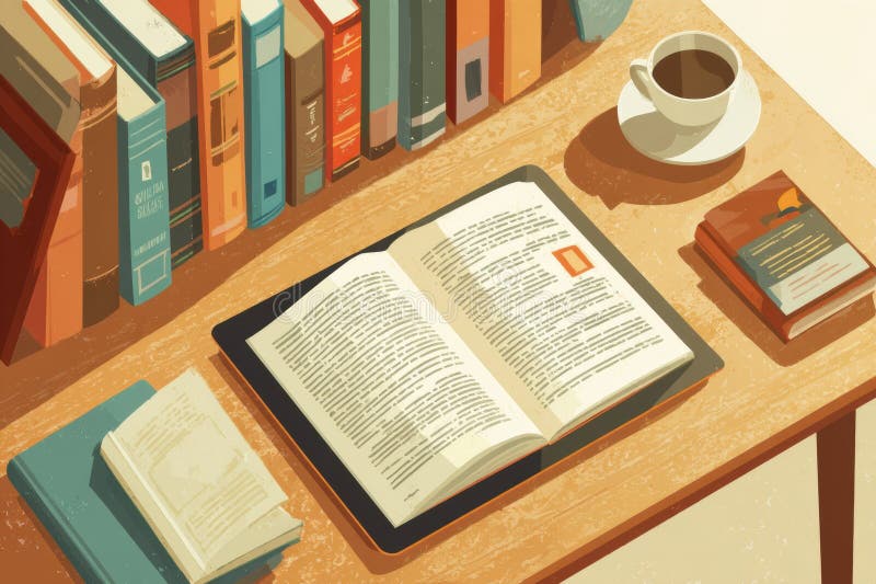 Digital Reading Experience with E-Book Library on Tablet and Coffee Cup ...