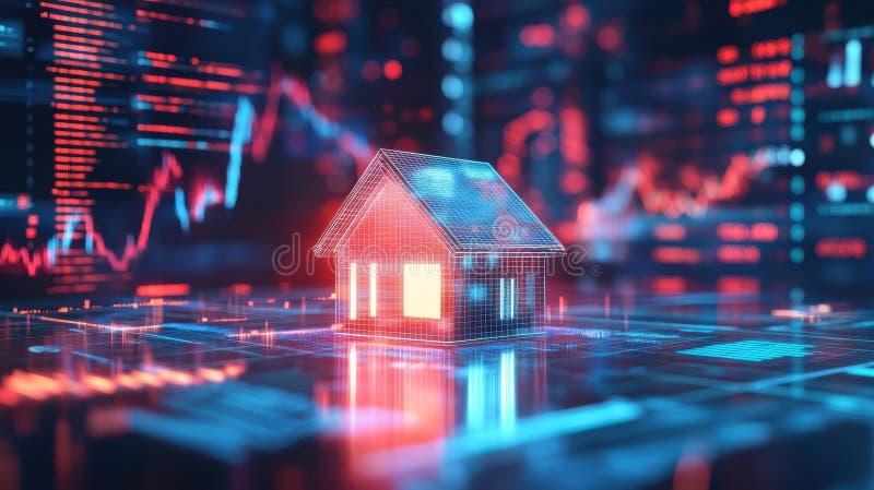 Digital Real Estate Market Analysis Concept with Holographic House and Data Visualization ...