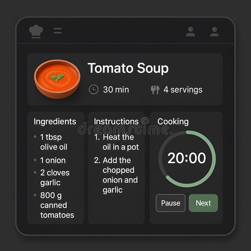 Digital Recipe App Interface Displaying Tomato Soup Recipe and Cooking ...