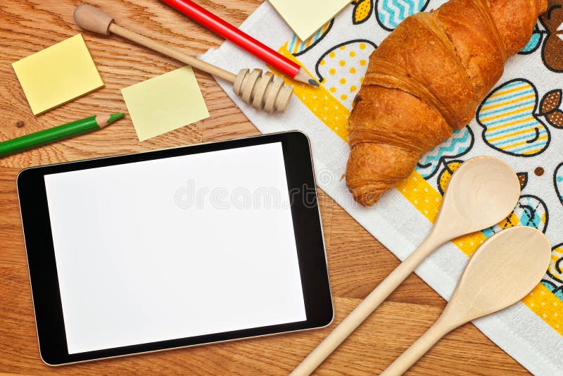 Digital Recipe on Tablet at Kitchen To Prepare the Breakfast. Top View ...