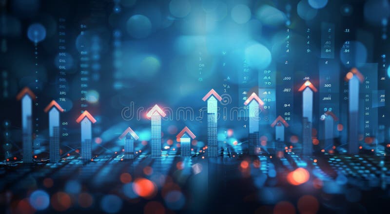 Digital Red Arrows Pointing Upward in a 3D Financial Data Visualization ...
