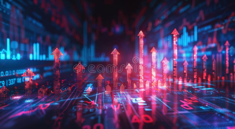 Digital Red Arrows Pointing Upward in a 3D Financial Data Visualization ...