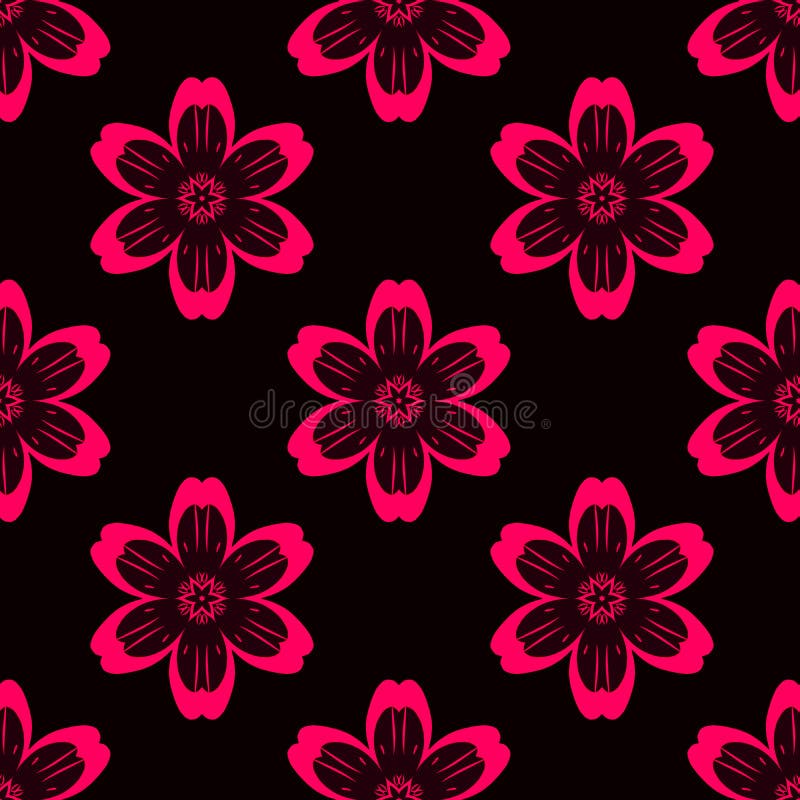 Digital Red Flowers Simple Seamless Pattern on Black Stock Illustration ...