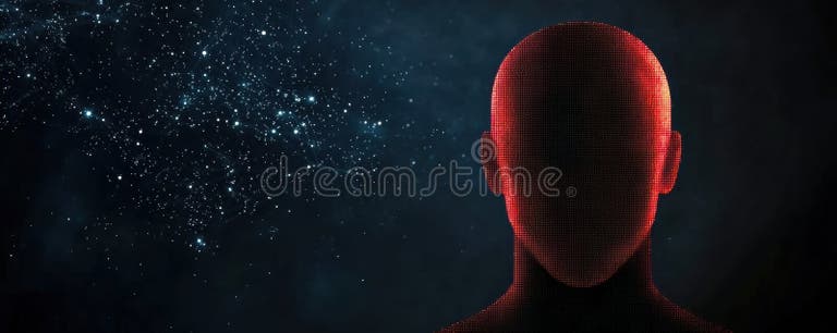 Red Digital Human Head Made Up of Tiny Pixels Melting into Particles on ...