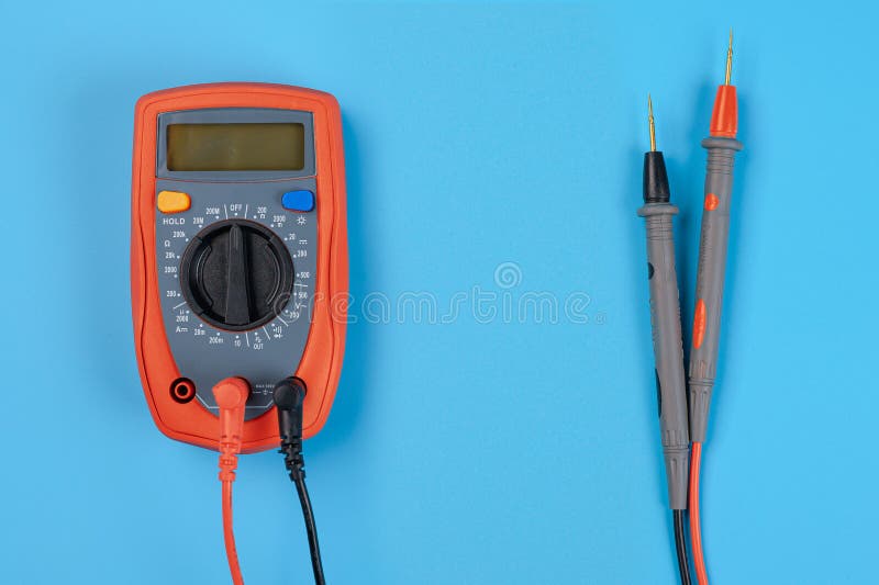 .Digital Red Multimeter with Wires Blue Background Stock Image - Image ...