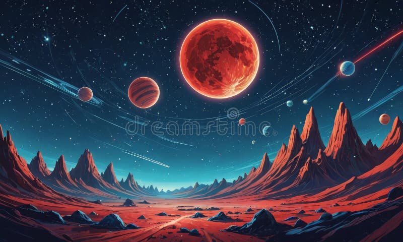 Digital Red Planet with Large Red Moon, Surrounded by Smaller Planets ...