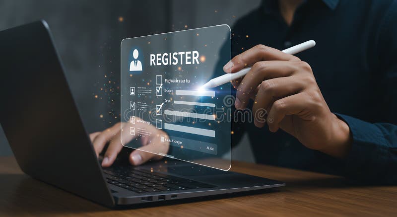 Digital Registration Form Being Completed on Laptop by Hand Stock ...