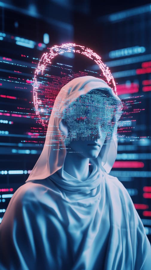Digital Religious Figure with Glowing Halo and Data Visualization Stock ...