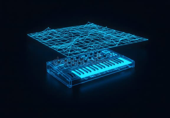 Digital Render of a Blue Wireframe Synthesizer with Sound Wave ...