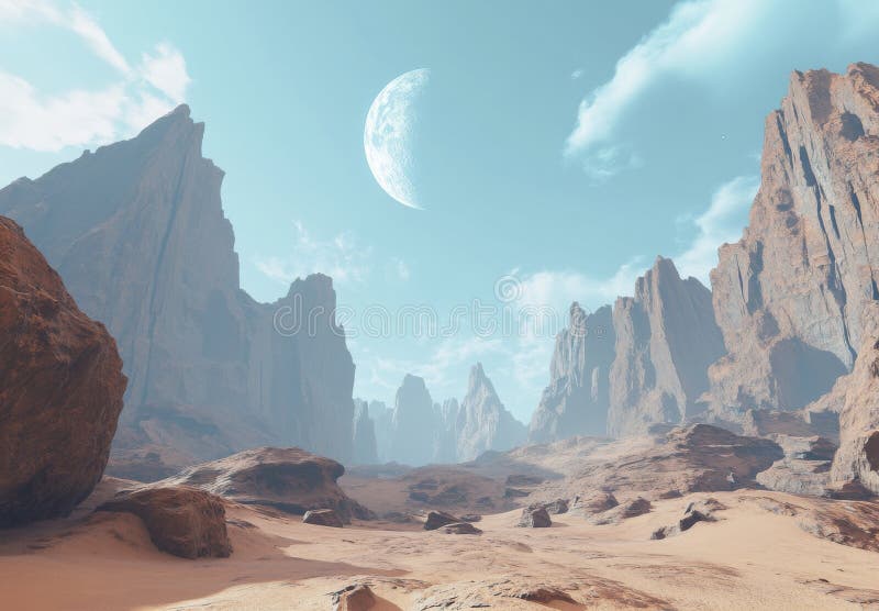 Digital Rendering of an Alien Desert Landscape with Pixelated Moon ...