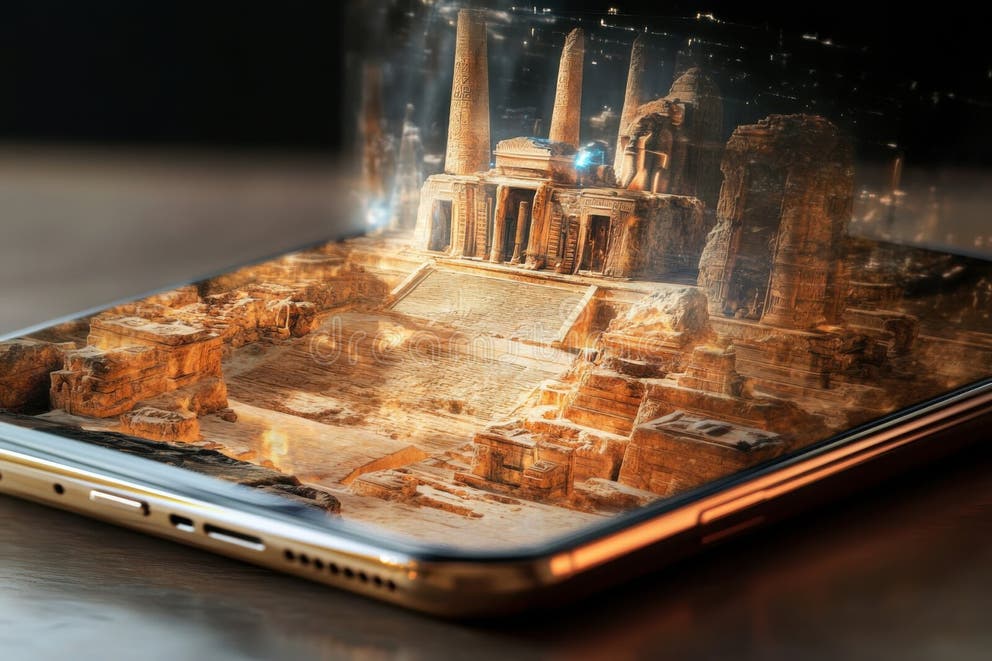 Digital Rendering of an Ancient Temple Appearing on a Tablet Device ...