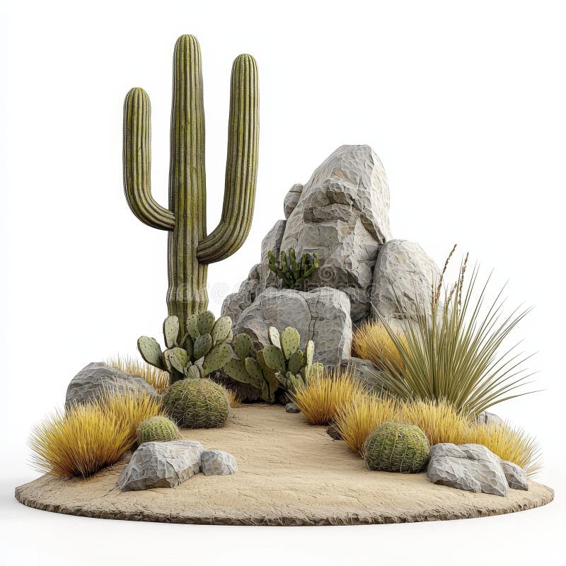 Digital Rendering of Arid Desert Landscape with Cacti and Rocks Stock ...