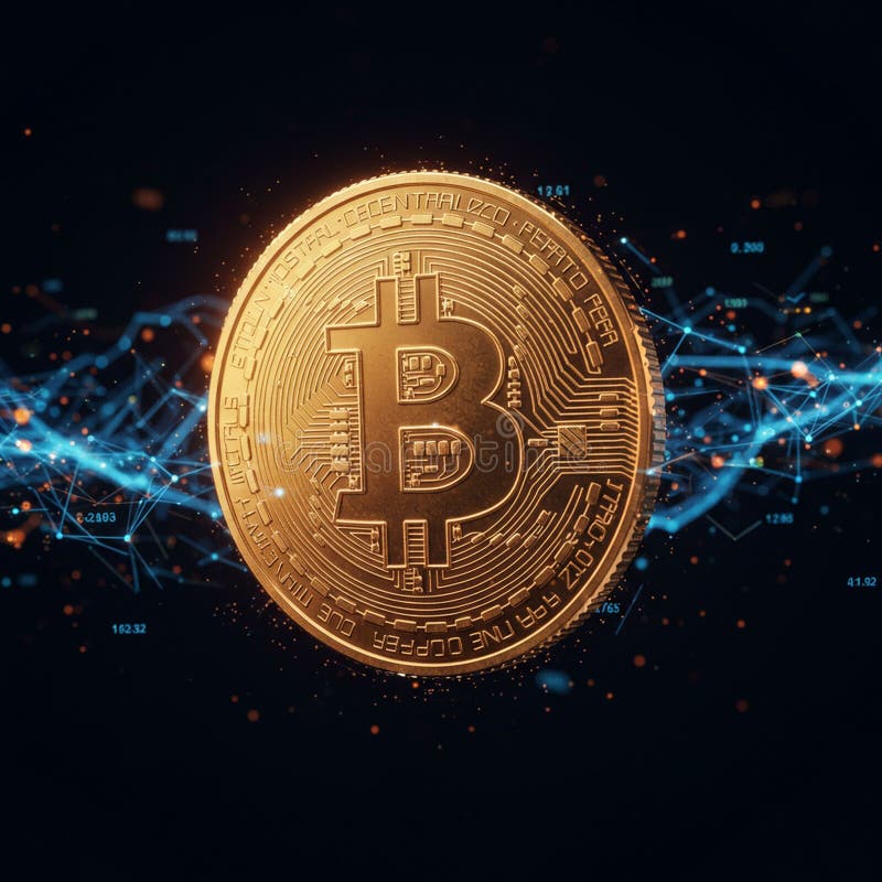 A Digital Rendering of a Bitcoin (?), Showing a Gold-colored Coin with Intricate Circuitry Stock ...
