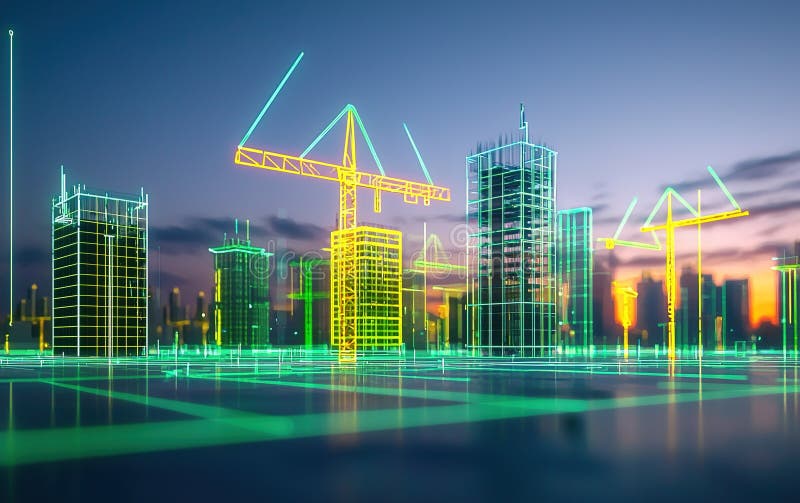 Digital Rendering of a City Skyline Under Construction at Twilight with ...