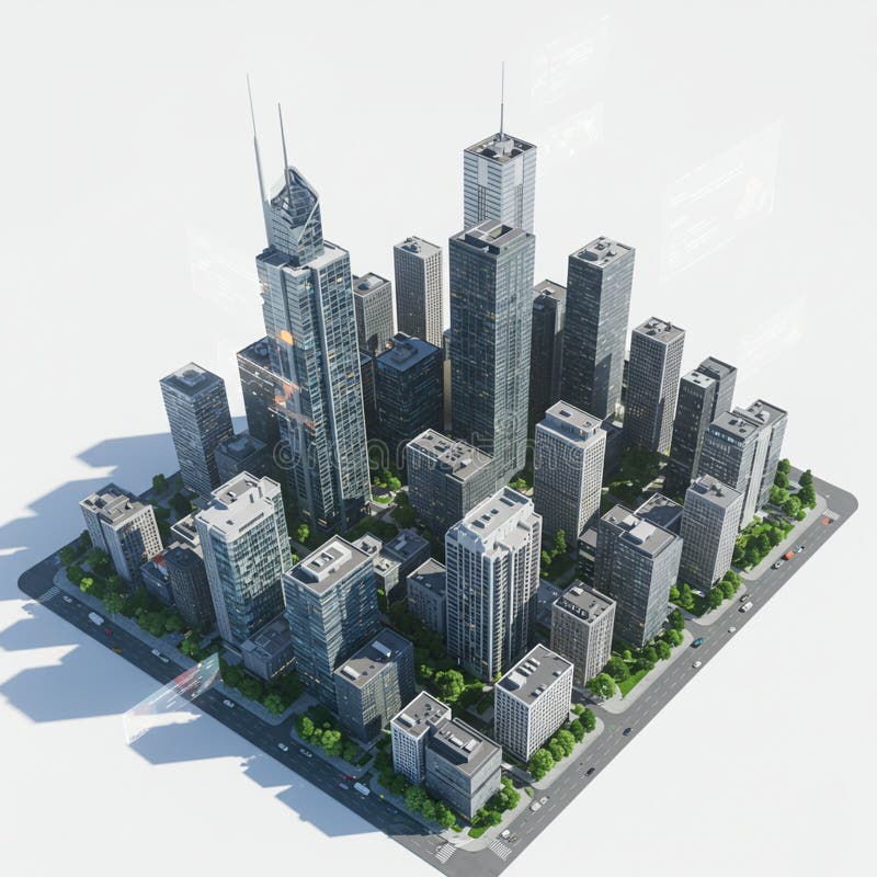 A Digital Rendering of a Cityscape Features a Compact Cluster of Modern ...