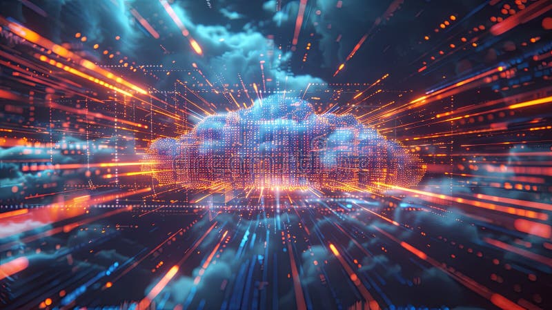 A Digital Rendering Of A Cloud Computing Network With Data Streams And