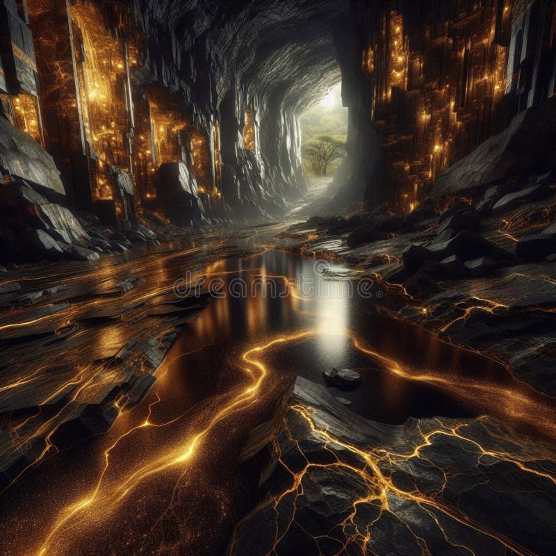 A Digital Rendering of a Dark Cave with a Glowing Stream and Rock ...
