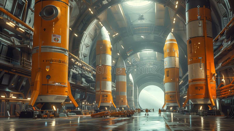 A Futuristic Rocket Assembly Facility Interior with Multiple Spacecraft ...