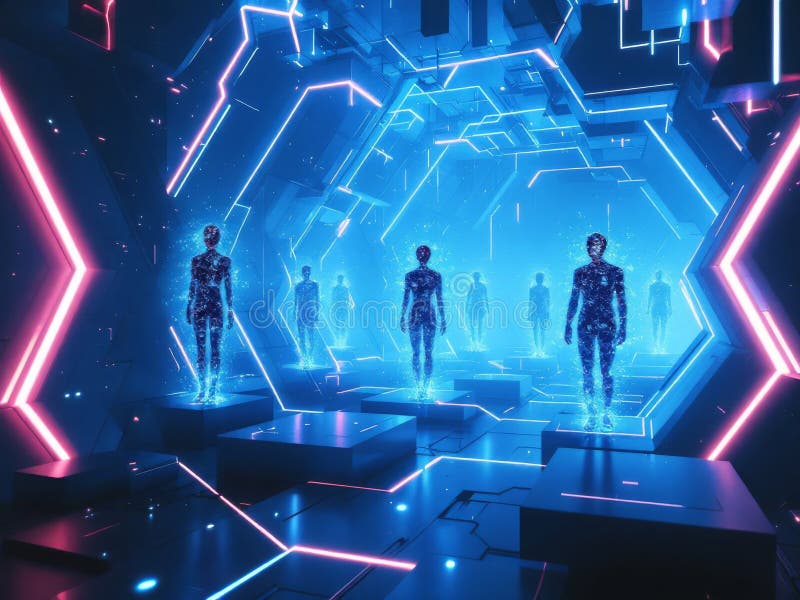 Digital Humans Stand in a Futuristic Neon-lit Corridor, Representing ...