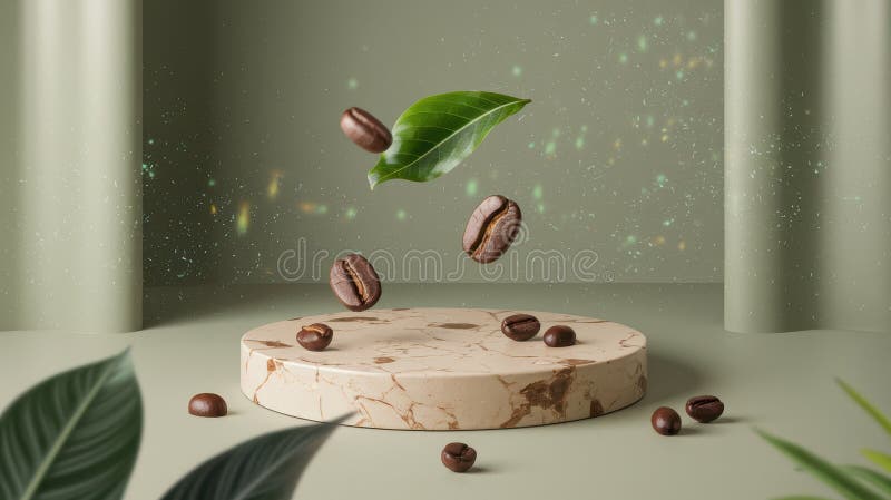 Digital Rendering of Floating Coffee Beans with Green Leaf on Cylinder ...