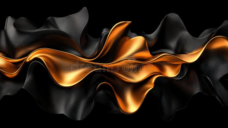 A Digital Rendering of a Flowing Black and Gold Fabric with a Wave-like ...