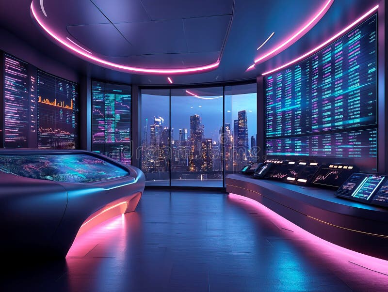 A Digital Rendering of a Futuristic Command Center with Multiple Workstations, Large Screens ...