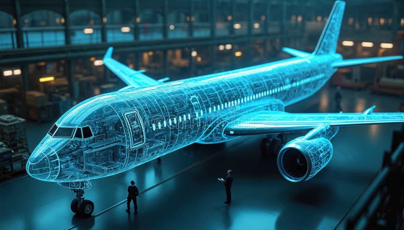 Digital Rendering of Futuristic Plane in Factory with Workers. Aircraft Design, Construction ...