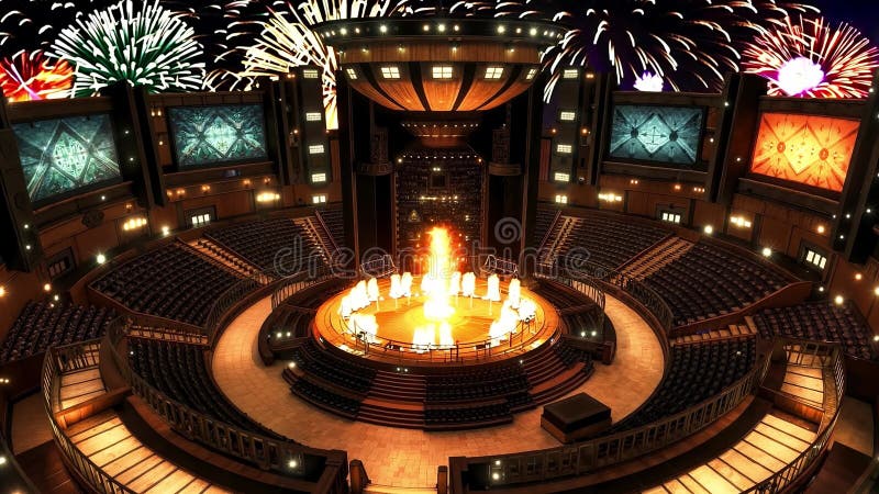 A Large Auditorium with a Fire Pit in the Middle of it Stock Footage ...