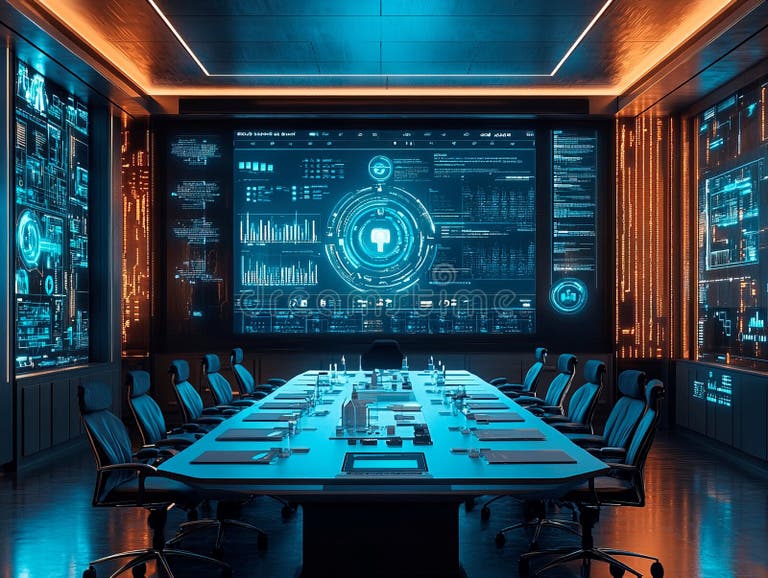 Digital Rendering of a High-tech Control Room, Featuring a Long Table ...