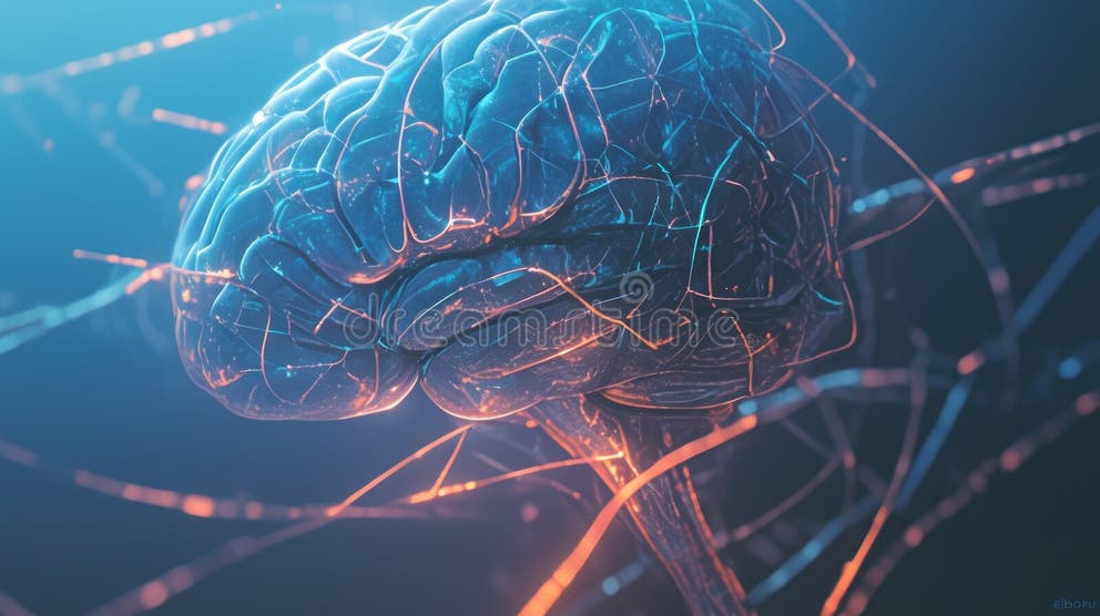 A Digital Rendering of a Human Brain with Glowing Neural Pathways Stock ...