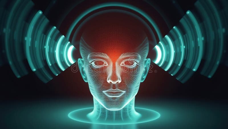 Digital Head Scanned with Teal Wave Signals Stock Illustration ...