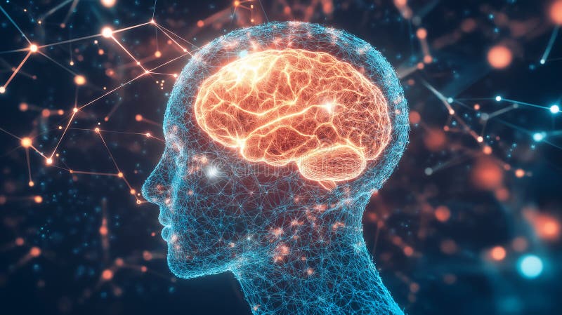 Digital Rendering of a Human Head with Glowing Brain Neurons ...