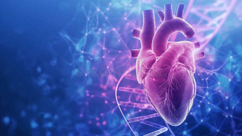 Digital Rendering of a Human Heart with DNA Strands in the Background ...