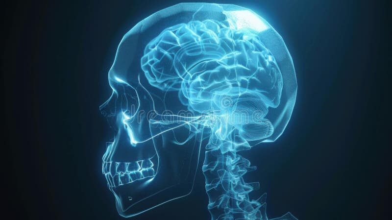 Digital Rendering of a Human Skull and Spine with a Glowing Brain Stock ...