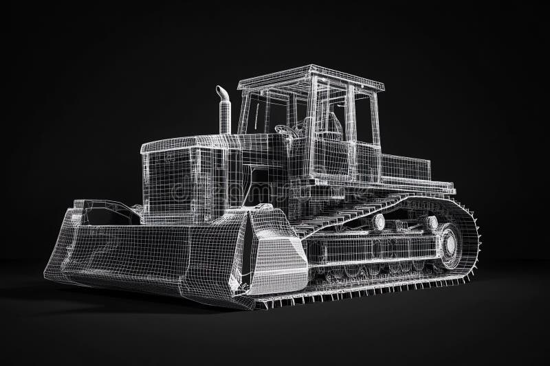 Digital Rendering of an Intricate Bulldozer Model in a Wireframe Design ...