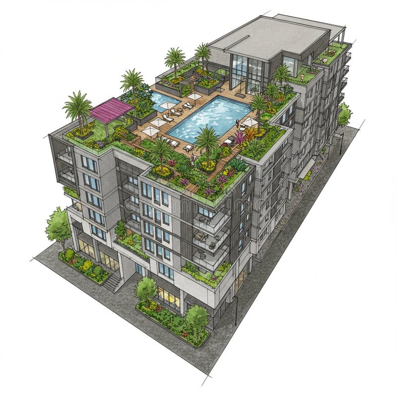 3D Rendering of the Rooftop Terrace Stock Illustration - Illustration ...