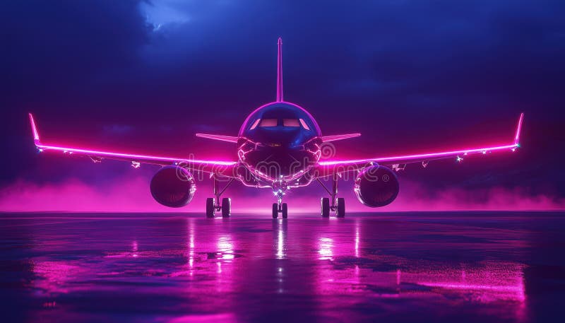 Digital Rendering of a Plane with Dark Neon Light Effect Stock Image ...