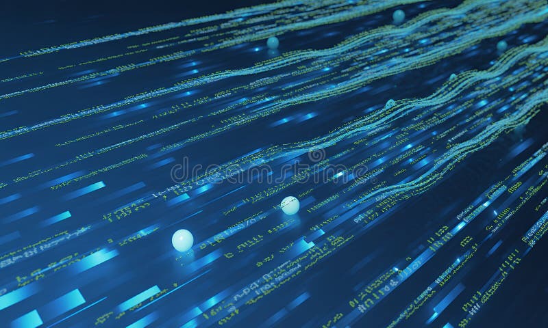 Abstract Data Streams Flowing with Blue and Yellow Light Particles in Digital Illustration Stock ...