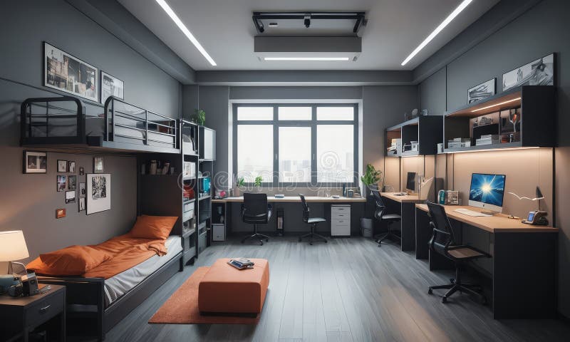 Room with Bed, Desk, and Computer Stock Illustration - Illustration of ...