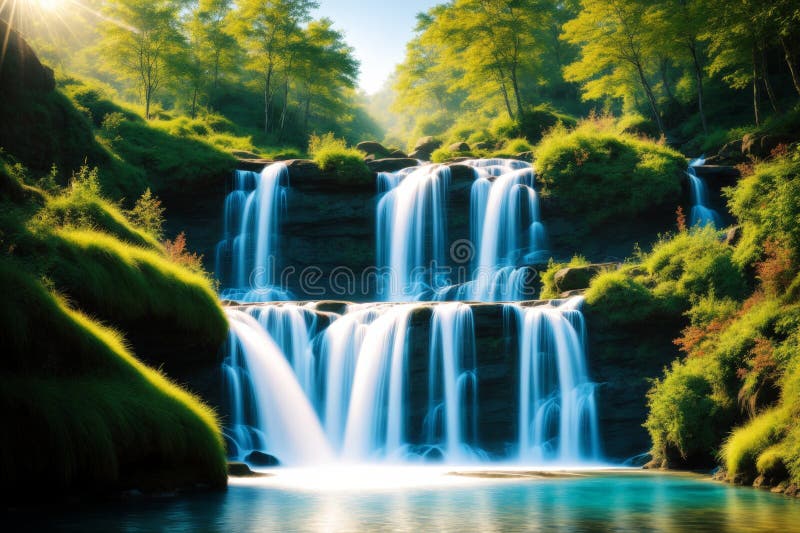 Waterfall with in the Middle Stock Illustration - Illustration of river ...