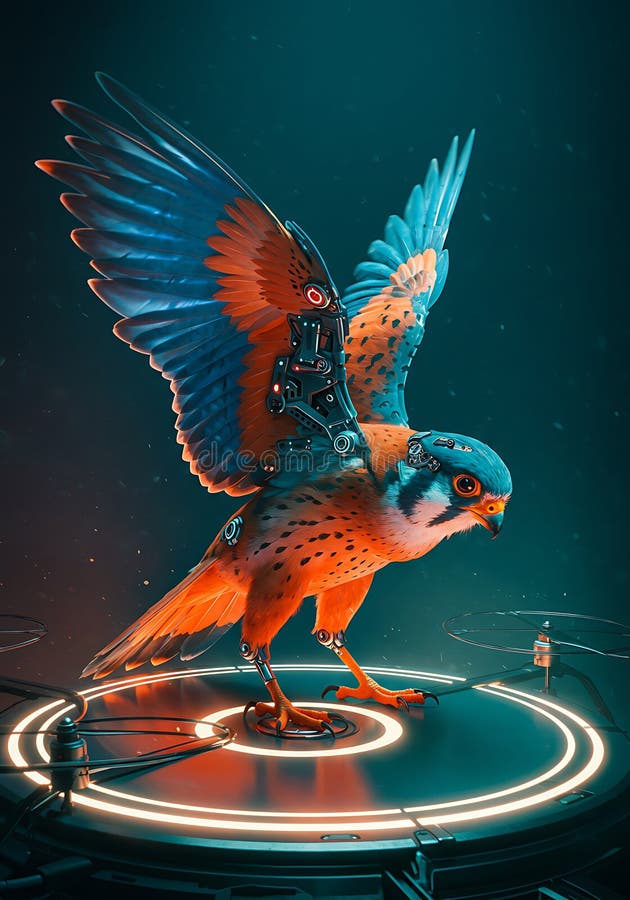 Futuristic Mechanical Falcon Gracefully Perched on Illuminated Platform ...