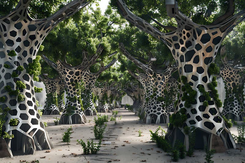 Futuristic BioIntegrated Metal Trees Urban Landscape Alleyway Stock ...