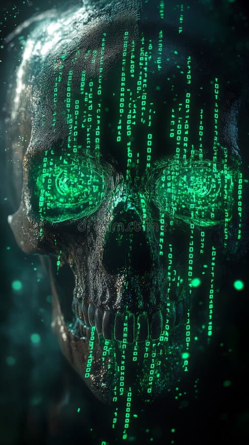 Futuristic Digital Skull with Glowing Green Matrix Code in Dark Stock ...